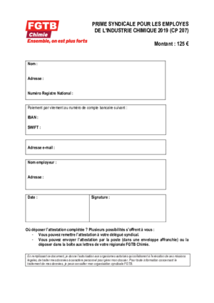 Attestation vierge - prime syndicale | Centrale Générale - FGTB